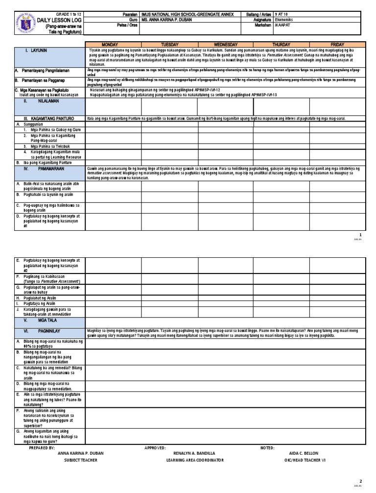 Daily Lesson Log: (Pang-Araw-Araw Na Tala NG Pagtuturo) | PDF