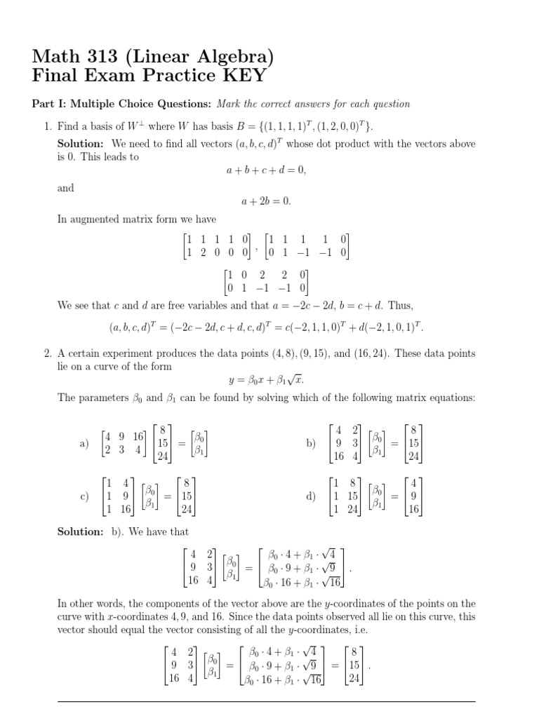 Math 313 (Linear Algebra) Final Exam Practice KEY | PDF | Eigenvalues ...