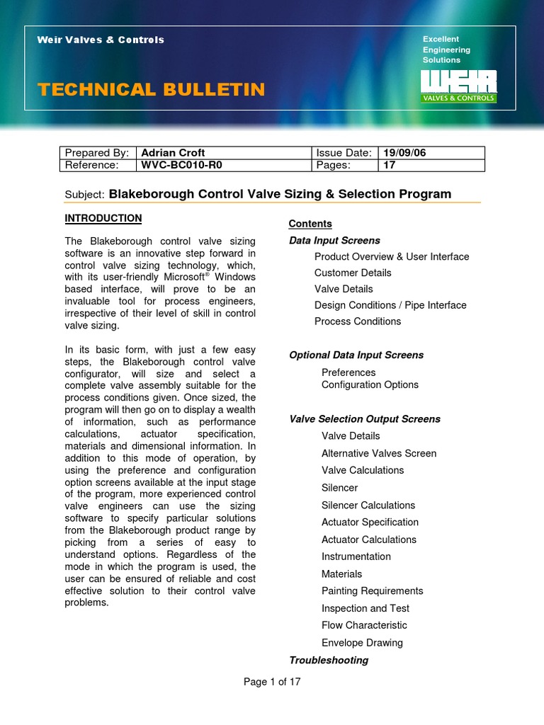Blakeborough Control Valve Sizing Software | PDF | Valve | Pipe (Fluid ...