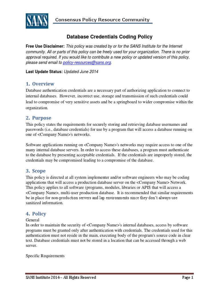 Database Credentials Coding Policy: 1. Overview | PDF | Databases | Password
