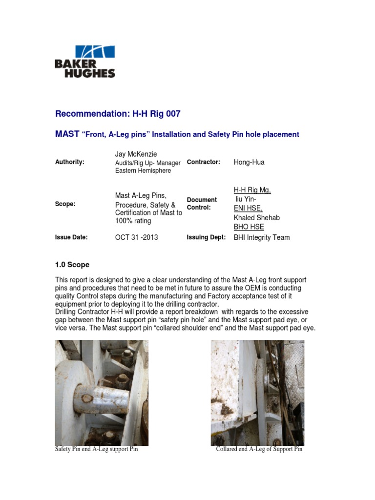 Recommendation: H-H Rig 007 Mast: "Front, A-Leg Pins" Installation and ...