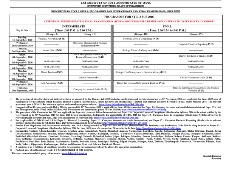 Rescheduled Time Table & Programme for Intermediate and Final Examination– June 2020 | PDF ...