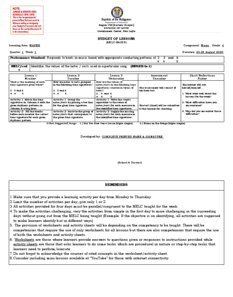 Budget of Lesson in MAPEH Music High School | PDF | Education Theory ...