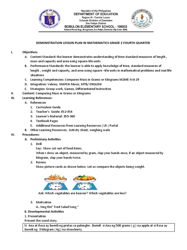 Demonstration Lesson Plan in Mathematics Grade 2 Fourth Quarter I ...