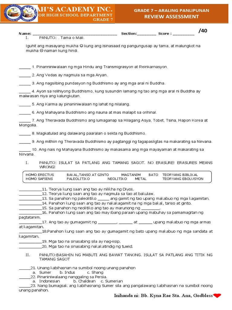 Review Assessment Exam-G7 | PDF