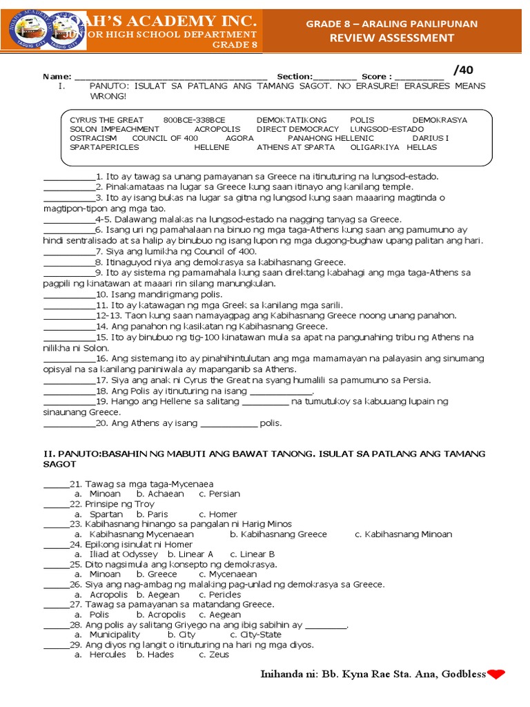 Review Assessment Exam-G8 | PDF
