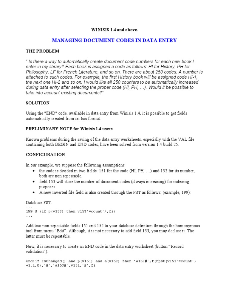 Managing Document Codes in Data Entry: WINISIS 1.4 and Above | PDF ...
