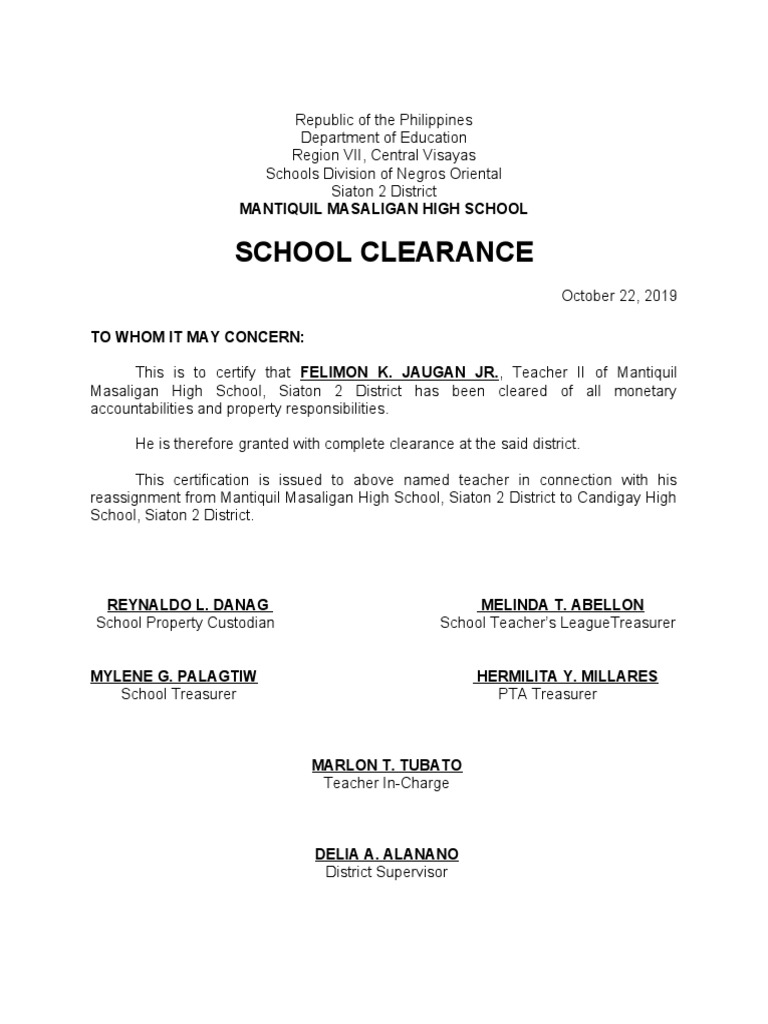 Teacher Clearance Certificate Sample | PDF
