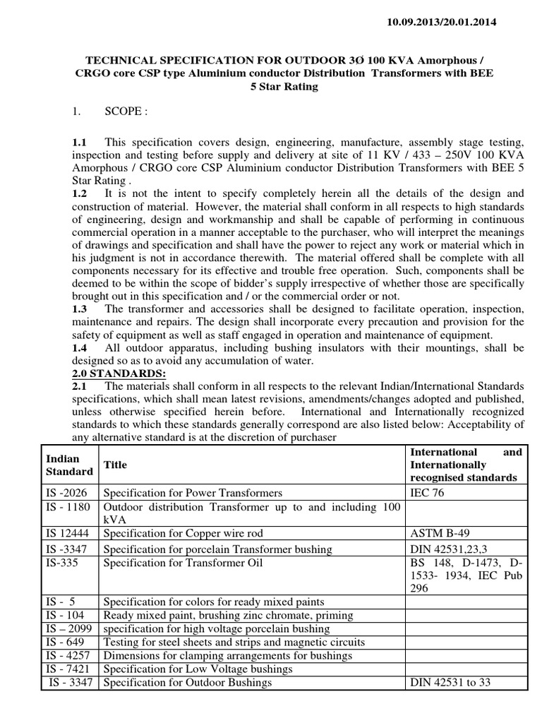 Technical Specification for Outdoor 3Ø 100 KVA Amorphous / CRGO Core CSP Type Aluminium ...