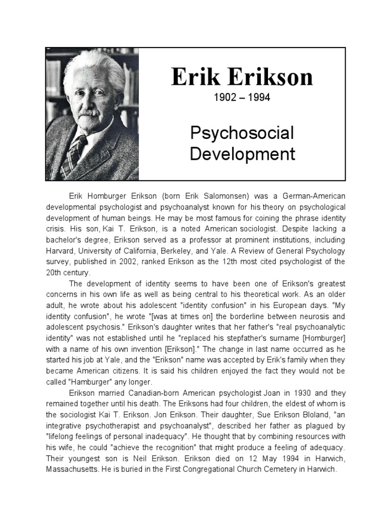 Erik Erikson: Psychosocial Development | Download Free PDF | Action ...