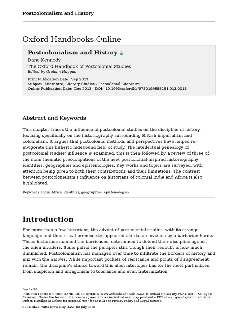 Oxford Handbooks Online: Postcolonialism and History | PDF | Postcolonialism | Colonialism