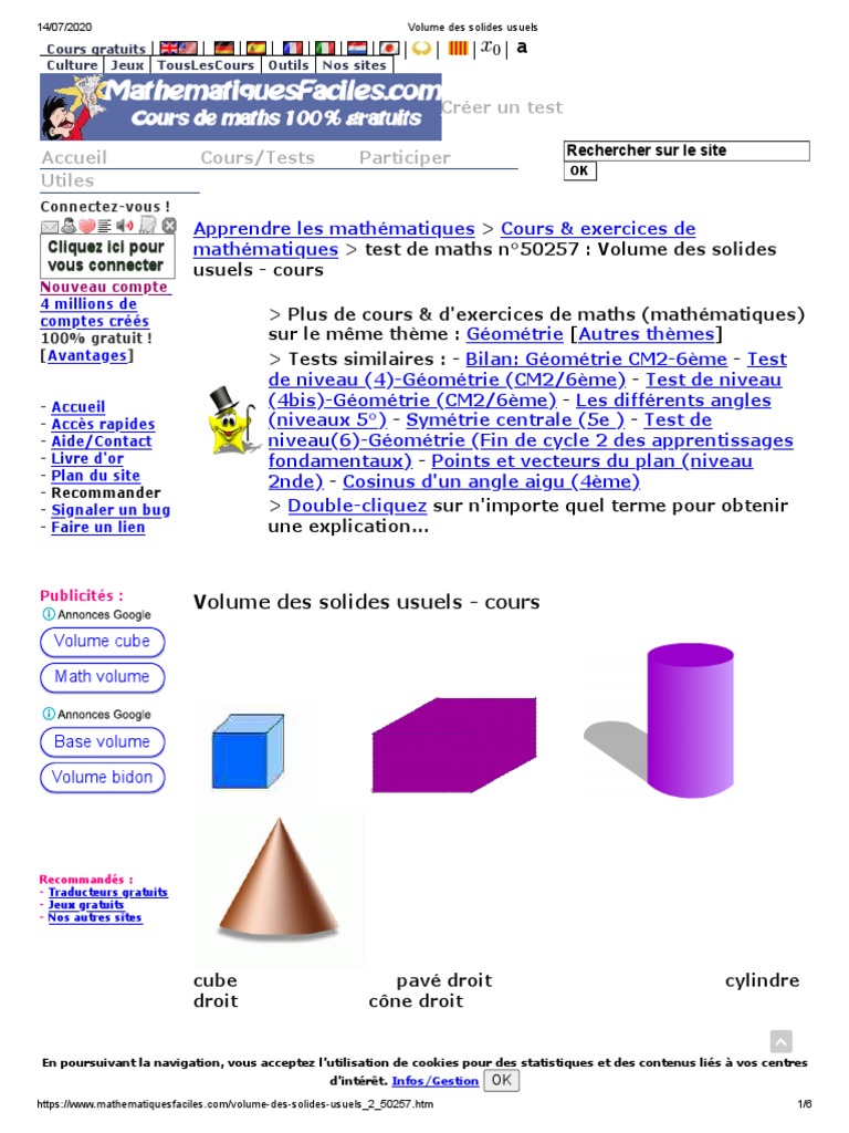 Volume des solides usuels en 6ème | PDF | Le volume | Cookie (informatique)