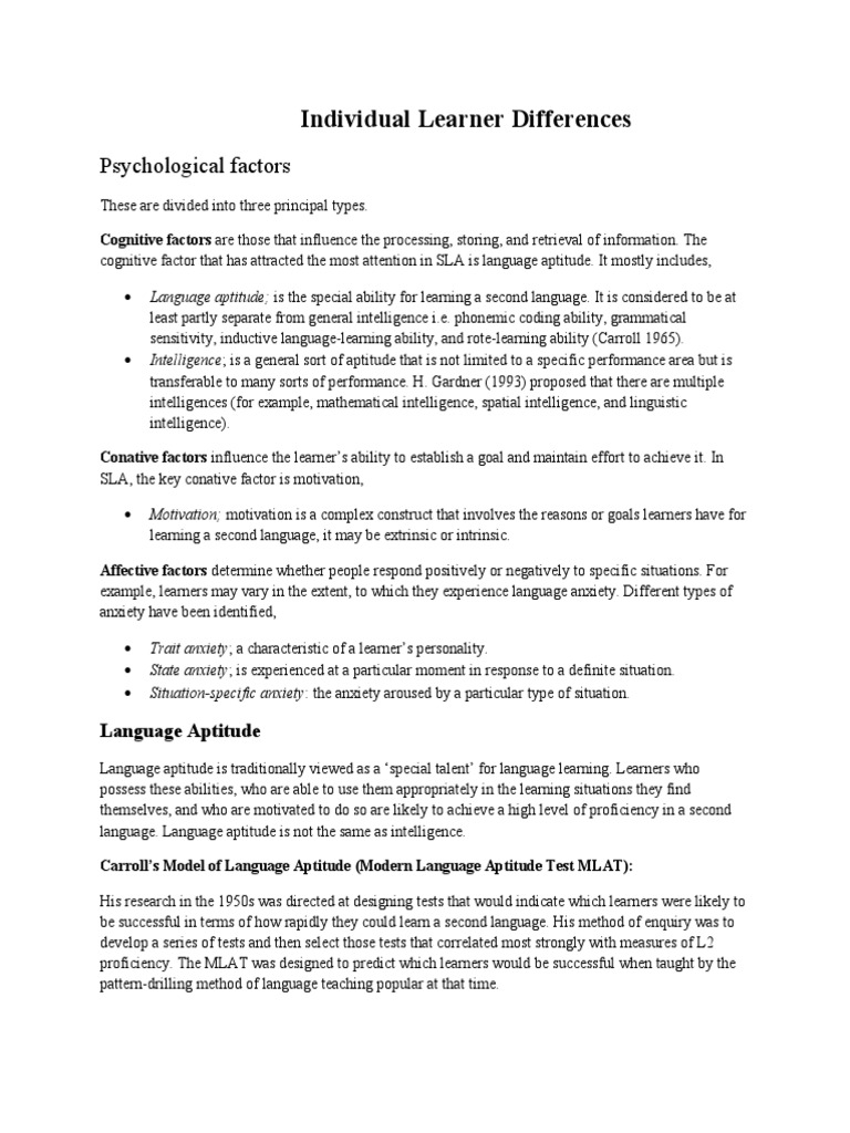 Individual Learner Differences | PDF | Second Language Acquisition | Second Language