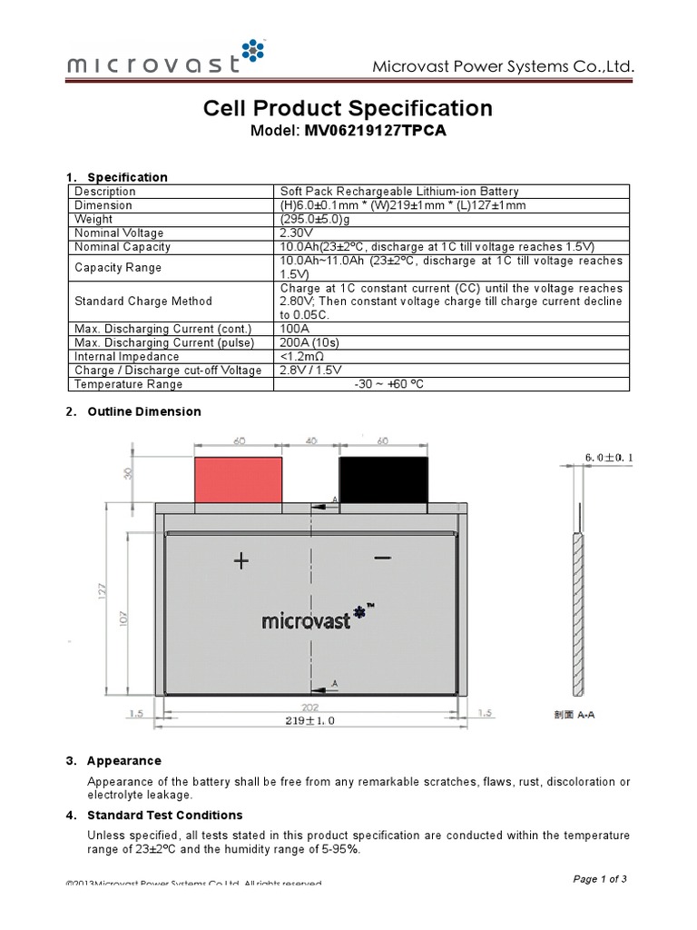 Cell Product Specification: Microvast Power Systems Co.,Ltd | PDF ...
