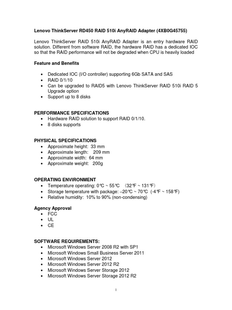 Lenovo Thinkserver Rd450 Raid 510I Anyraid Adapter (4Xb0G45755) | PDF | Computer Architecture ...