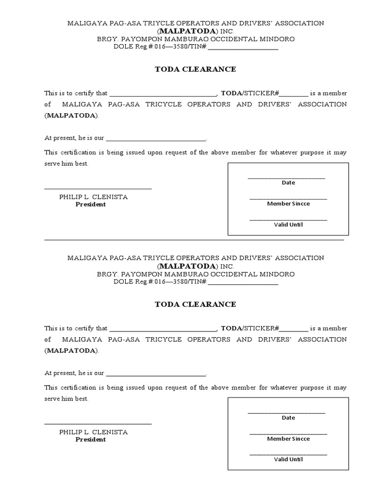 TODA Membership Certification Document | PDF