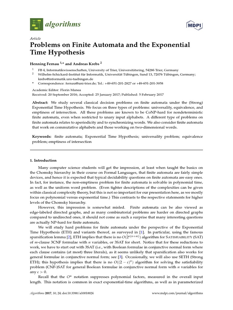 Algorithms: Problems On Finite Automata and The Exponential Time Hypothesis | PDF ...