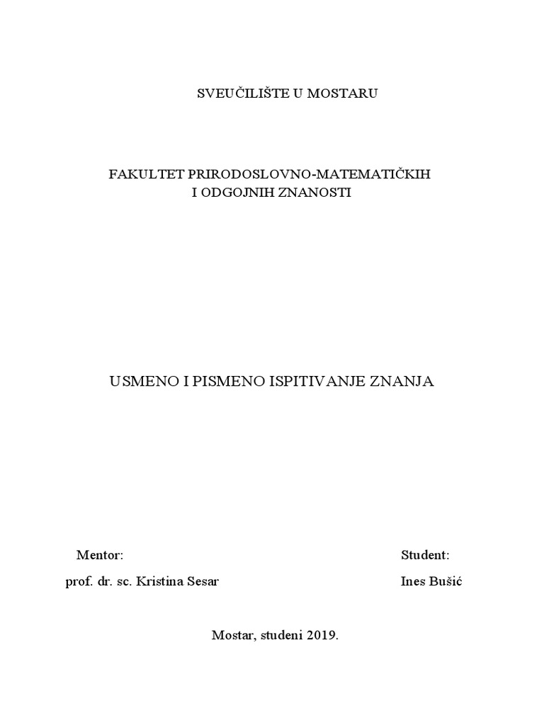 Usmeno I Pismeno Ispitivanje Znanja | PDF