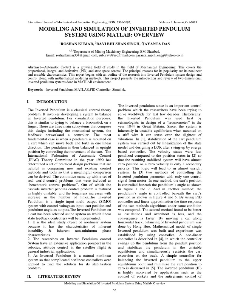 Modeling and Simulation of Inverted Pendulum System Using Matlab: Overview | PDF | Lagrangian ...