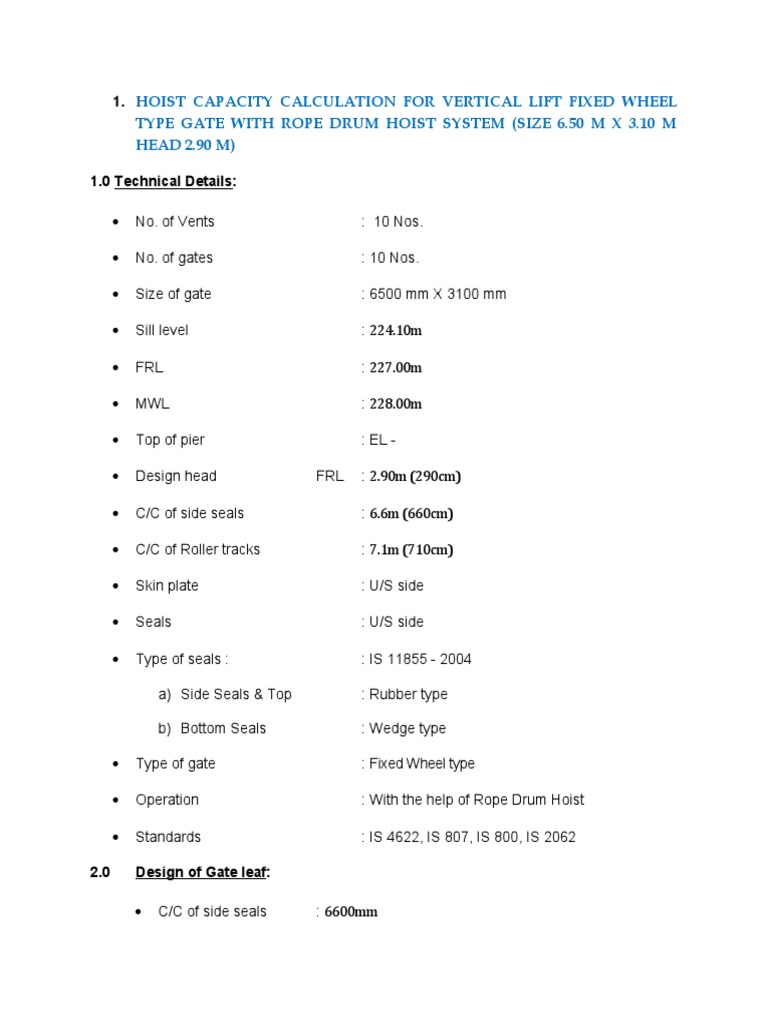 Hoist Capacity Calculation For Vertical Lift Fixed Wheel Type Gate With ...
