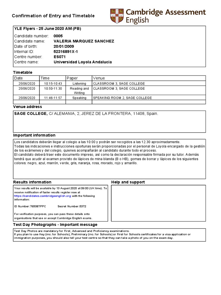 Cambridge Entry Confirmation for Valeria | PDF | Tests | Qualifications
