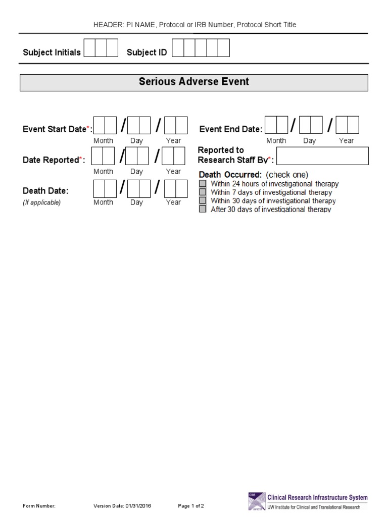 Serious Adverse Event Reporting Form | PDF | Medicine | Health Sciences