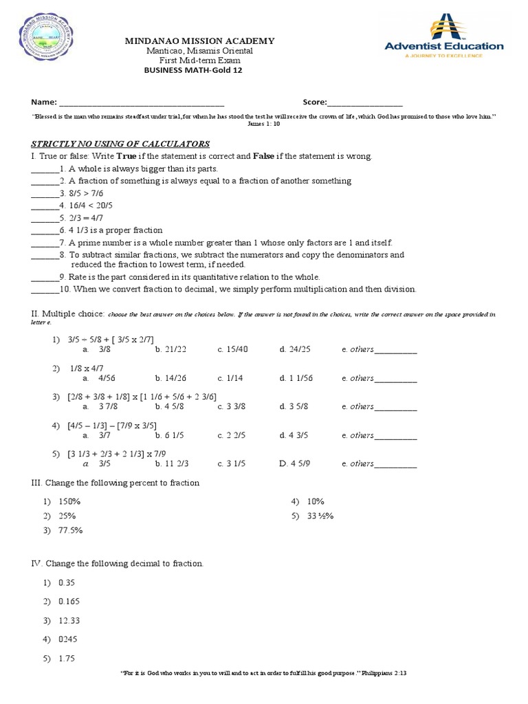 Business Math Exam for Grade 12 | PDF | Odds | Fraction (Mathematics)
