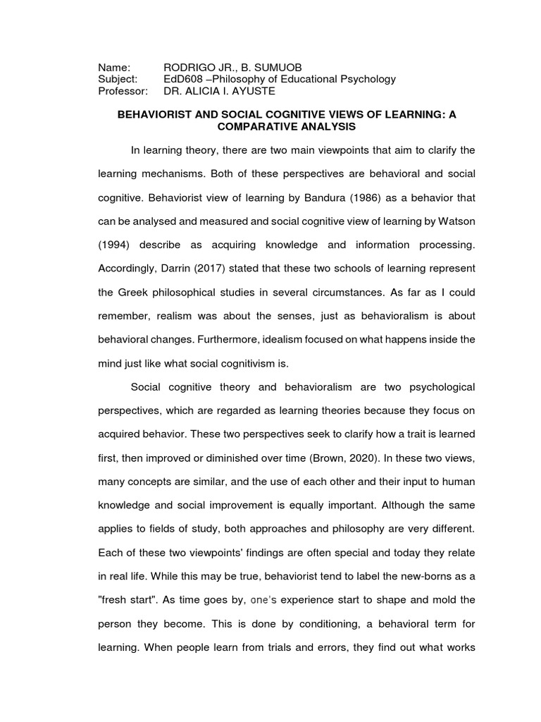 Behaviorism vs. Social Cognitive Theory | PDF | Behaviorism | Cognitive ...