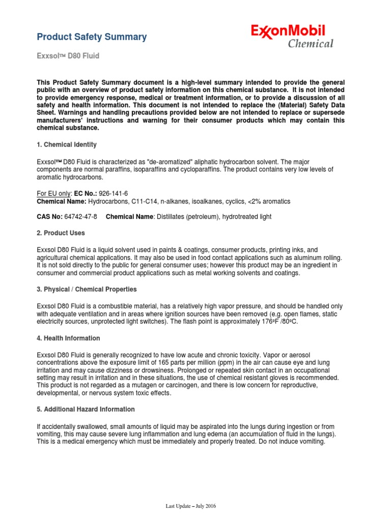 Product Safety Summary: Exxsol D80 Fluid | PDF | Exxon Mobil | Toxicity