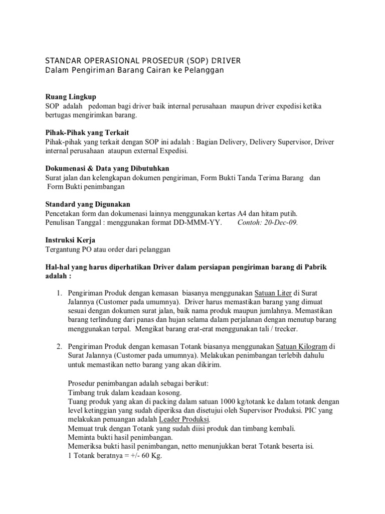Standar Operasional Prosedur Driver Dalam Pengiriman Barang Cairan PDF ...