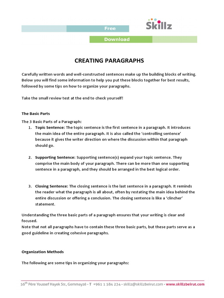 Creating Paragraphs: The Basic Parts | PDF | Idea | Paragraph