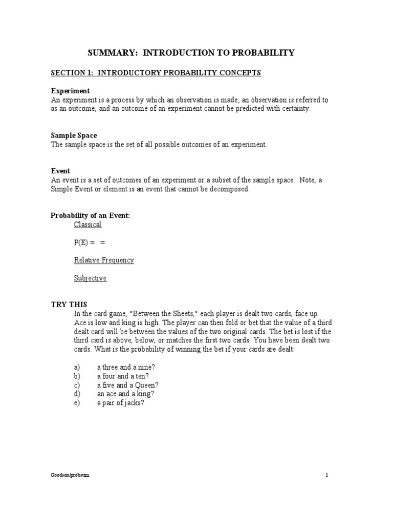 Summary: Introduction To Probability: Section 1: Introductory ...