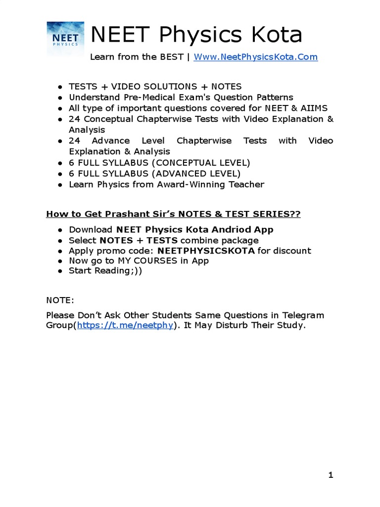 NEET Physics Kota: Tests & Notes Guide | PDF