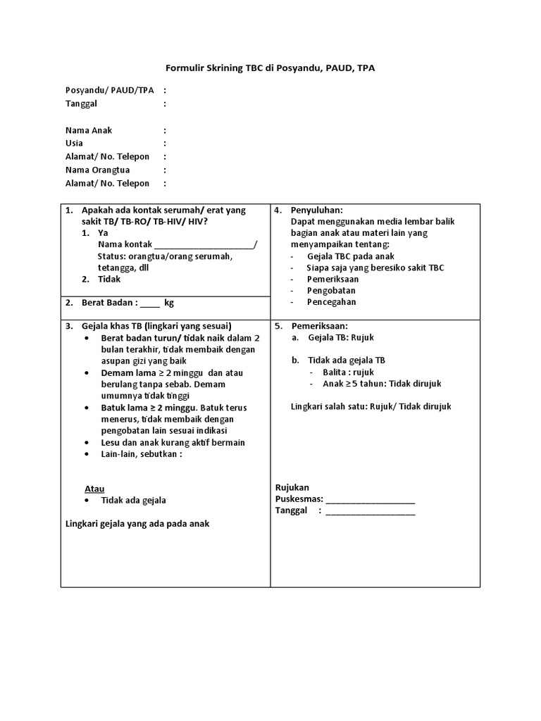 Formulir Skrining TBC Di Posyandu 2020 | PDF