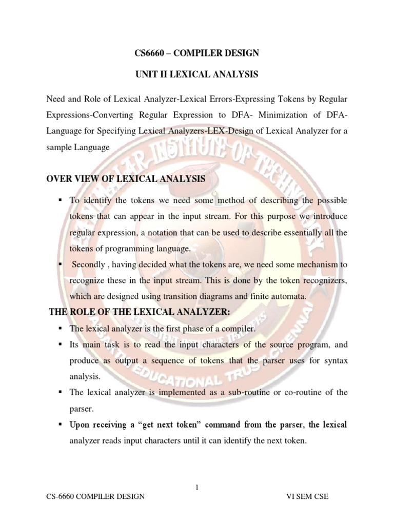 Unit 2-LEXICAL ANALYSIS | PDF | Parsing | Regular Expression