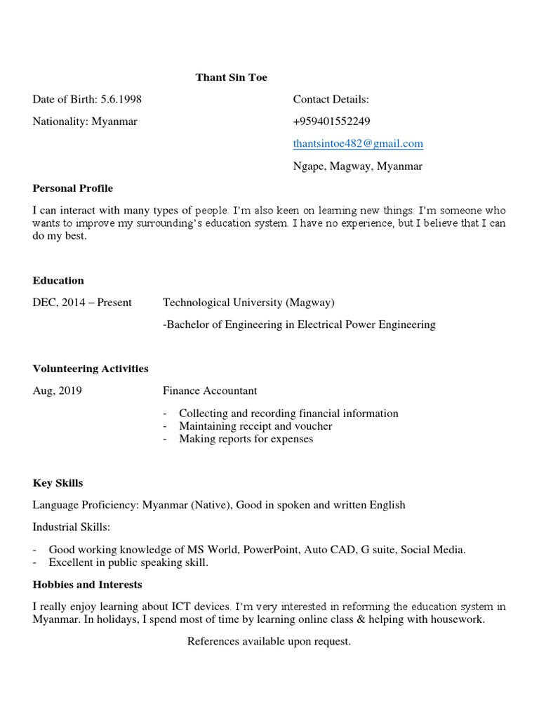 Thant Sin Toe - Assistant (Administration) | PDF