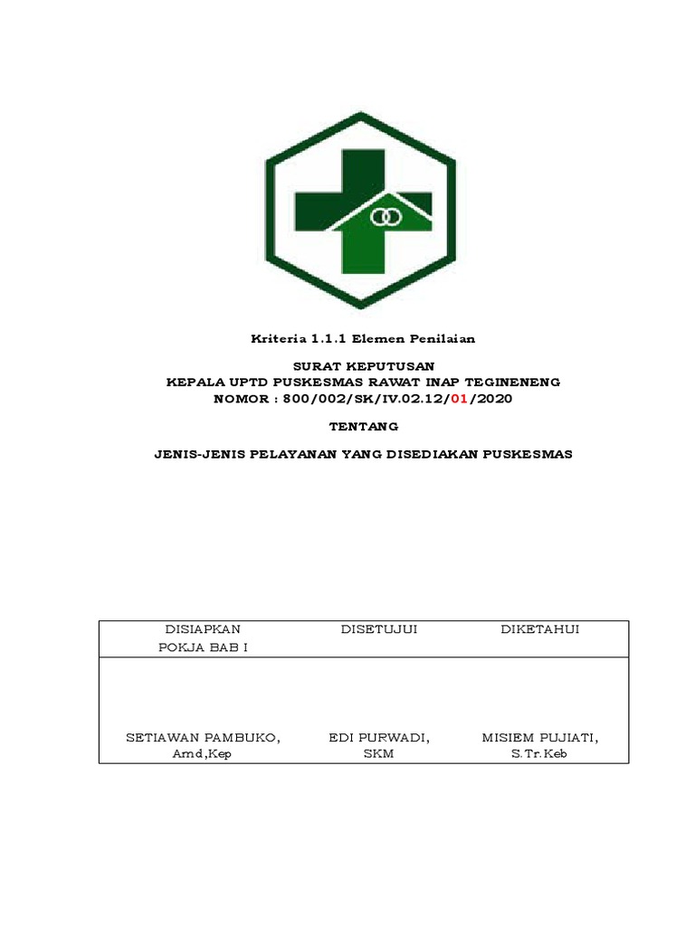 Kriteria 1.1.1 Ep 01 SK Jenis-Jenis Pelayanan Disediakan Puskesmas | PDF