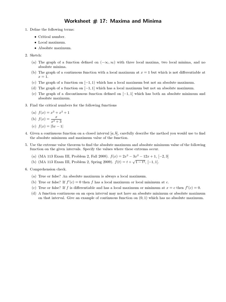 Worksheet # 17: Maxima and Minima | PDF