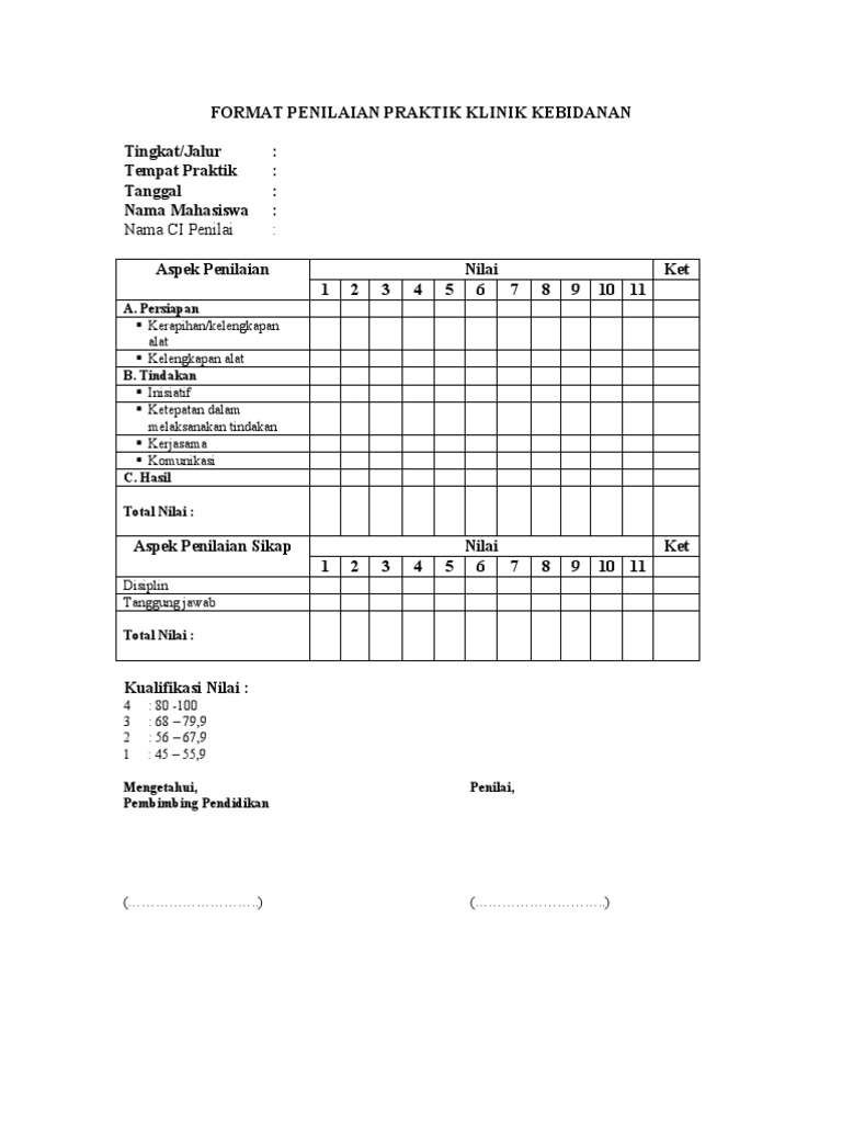 Contoh Format Penilaian Praktik Klinik Kebidanan D3 | PDF Contoh Format Penilaian Praktik Klinik Kebidanan D3 | PDF