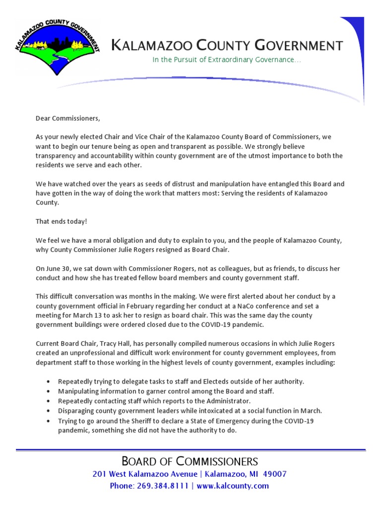 Letter To The Kzoo County Board of Commissioners | PDF | Government