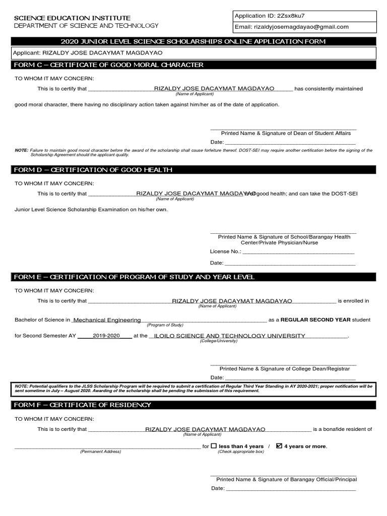 2020 Junior Level Science Scholarships Online Application Form | PDF ...