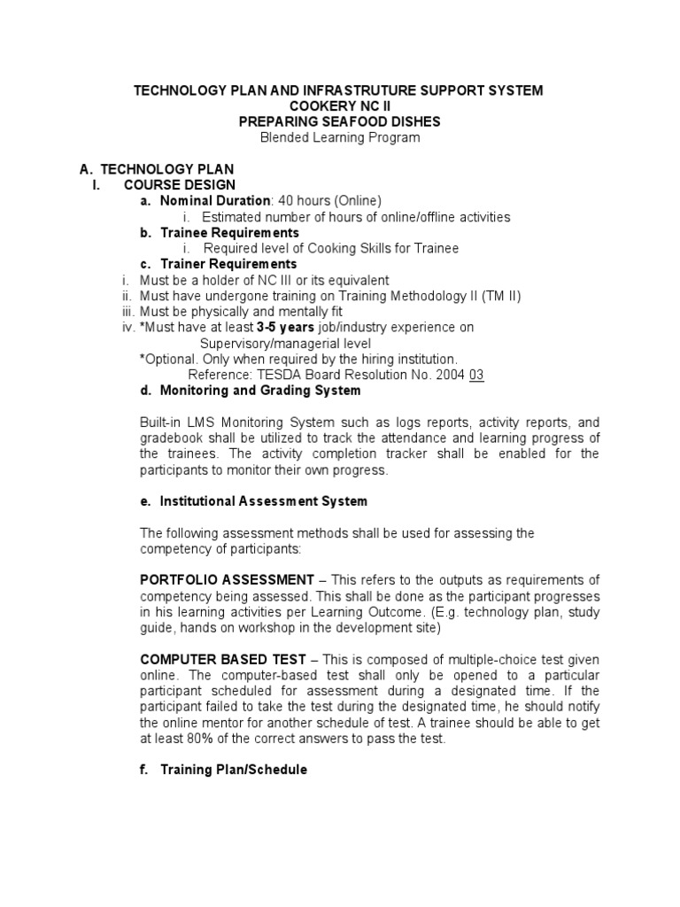 TESDA Cookery NC II Technology Plan | PDF | Educational Technology ...