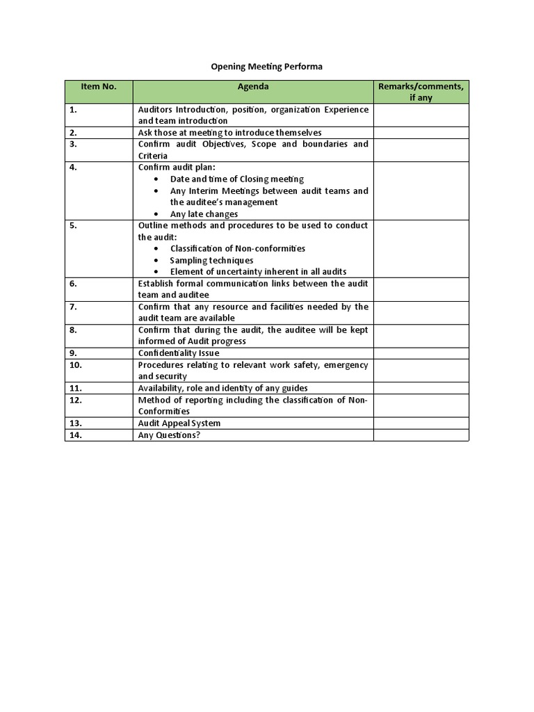 Opening Meeting Checklist | PDF
