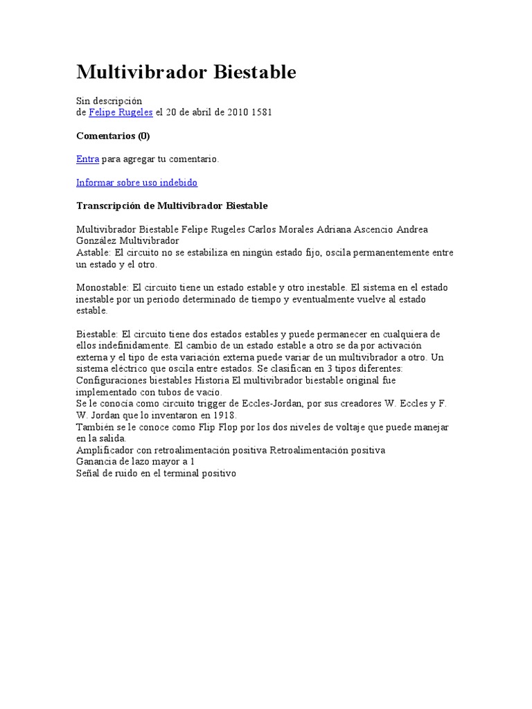 Circuito Multivibrador Biestable | PDF | Circuitos electrónicos ...