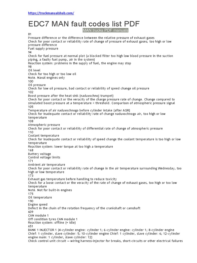 EDC7 MAN Fault Codes List PDF | PDF | Fuel Injection | Turbocharger