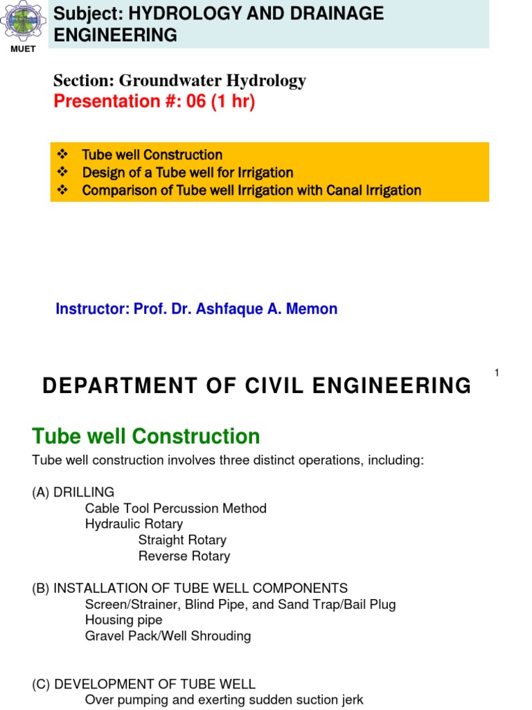 Tube Well Construction and Design Guide | PDF | Drilling Rig | Pump