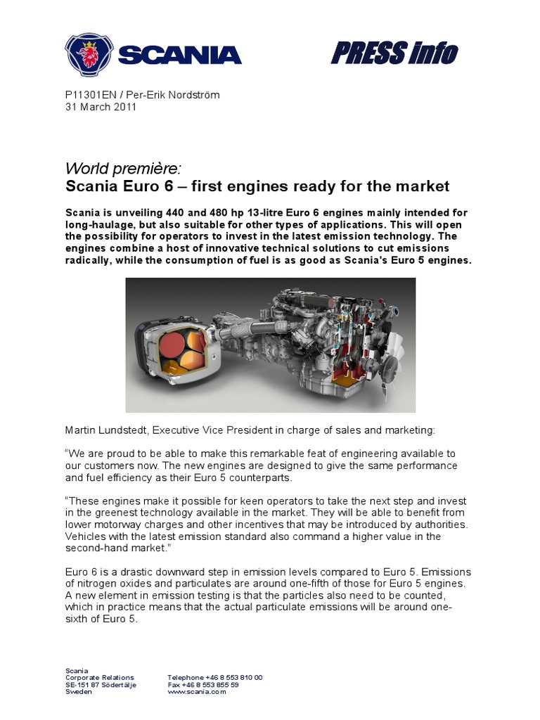 Scania Launches Euro 6 Engines | PDF | Diesel Engine | Turbocharger