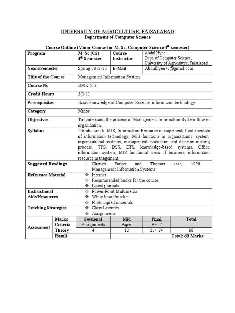 Management Information Systems Course Outline | PDF | Management ...