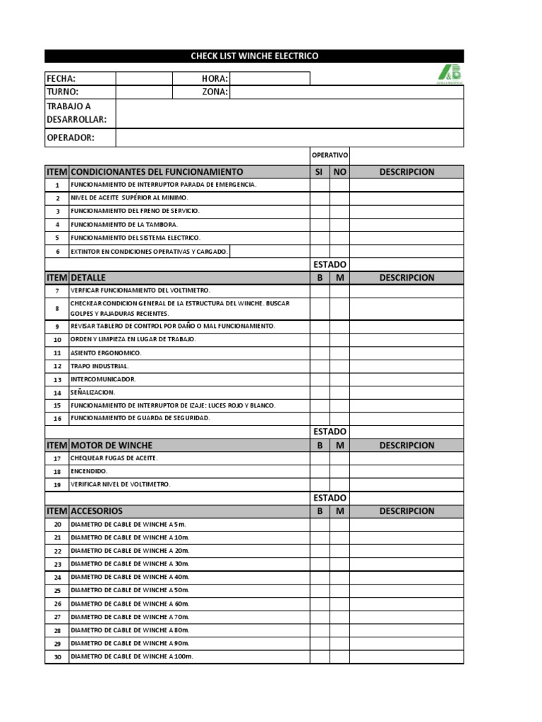 Check List Winche Electrico | PDF