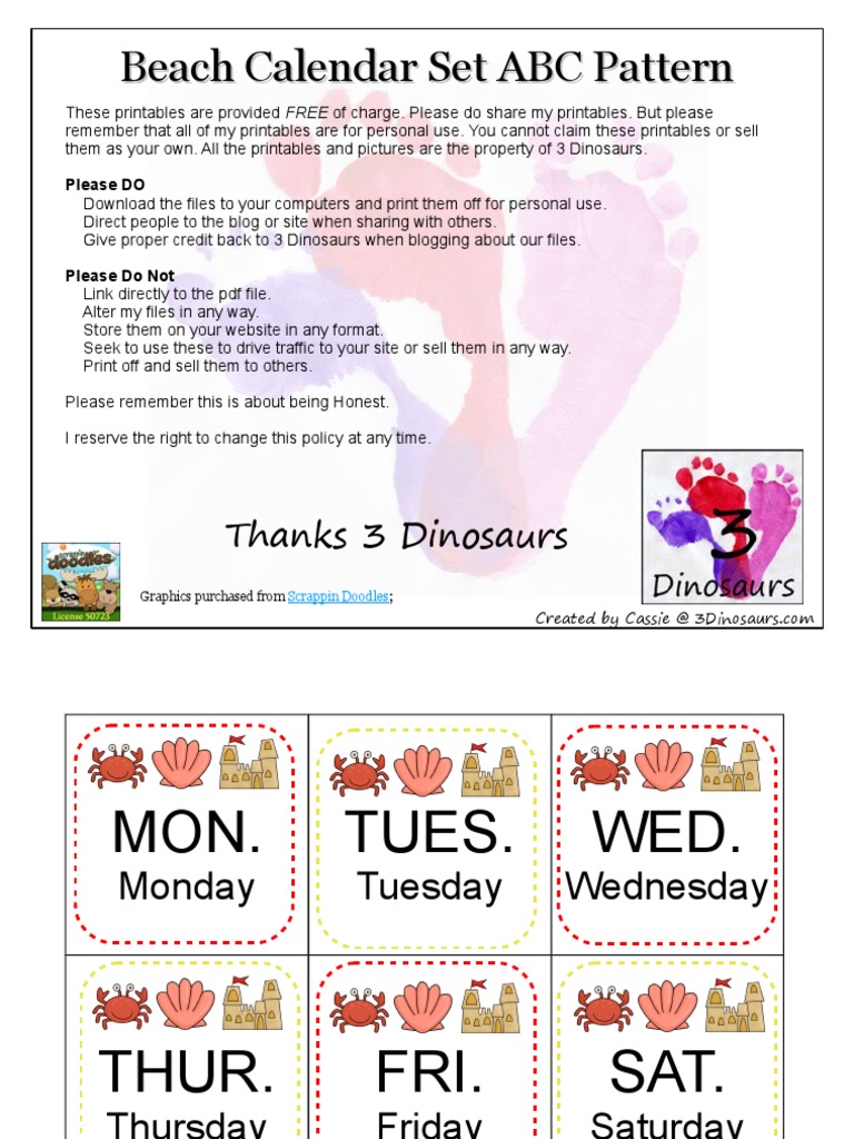 Beach Calendar Set ABC Pattern | PDF